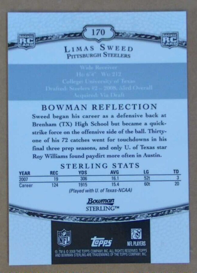 FB Limas Sweed 2008 Bowman Sterling JST AU RC Pittsburgh Steelers #170B ...
