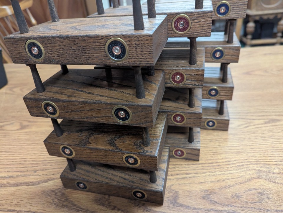 LOT 12 OAK DUCK DECOY DISPLAY STANDS WOOD 1-1/2" PEGS BRASS COLORED ...