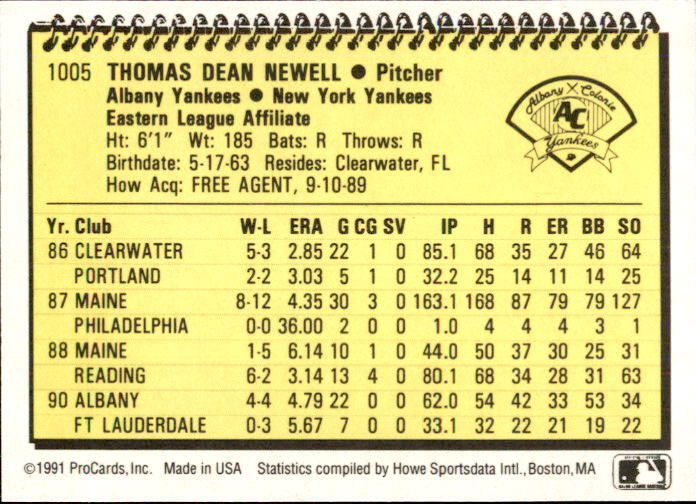 1991 Albany Yankees ProCards 1005 Tom Newell Clearwater Florida FL ...