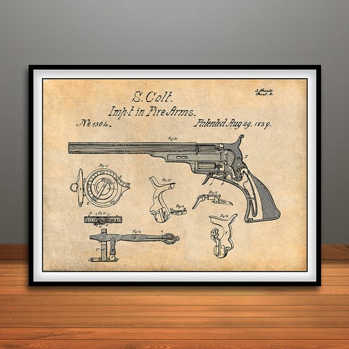1839 Samuel Colt Paterson Holster Revolver Patent Print Art Drawing ...