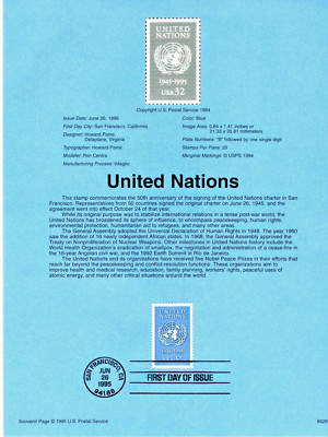 1995 USPS Souvenir Page 32¢ UNITED NATIONS #9526 w/Watermark Archival ...