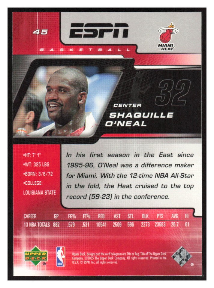 2005-06 Upper Deck ESPN #45 Shaquille O'Neal - Miami Heat | eBay