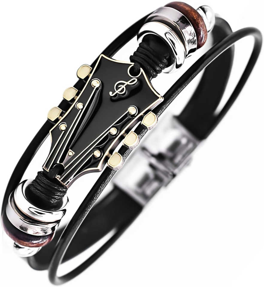 Retro Guitar Leather Bracelet for Man Women Unique Bead Braided ...