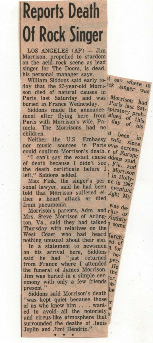 Jim Morrison Death Certificate 50 Years After Jim Morrison's Death,