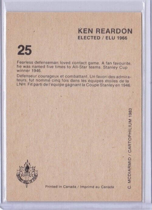 1983 CARTOPHILIUM HOCKEY HOF #25 KEN REARDON | eBay