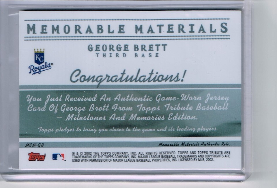 GEORGE BRETT 2002 TOPPS TRIBUTE GAME USED PATCH # MEM-GB KC ROYALS HOF ...