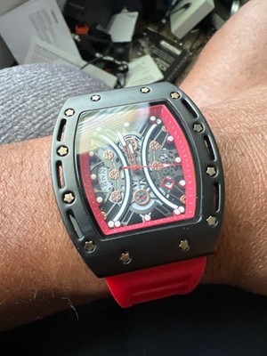 mens watch red band black caseback tonneau shaped like a Richard Mille ...