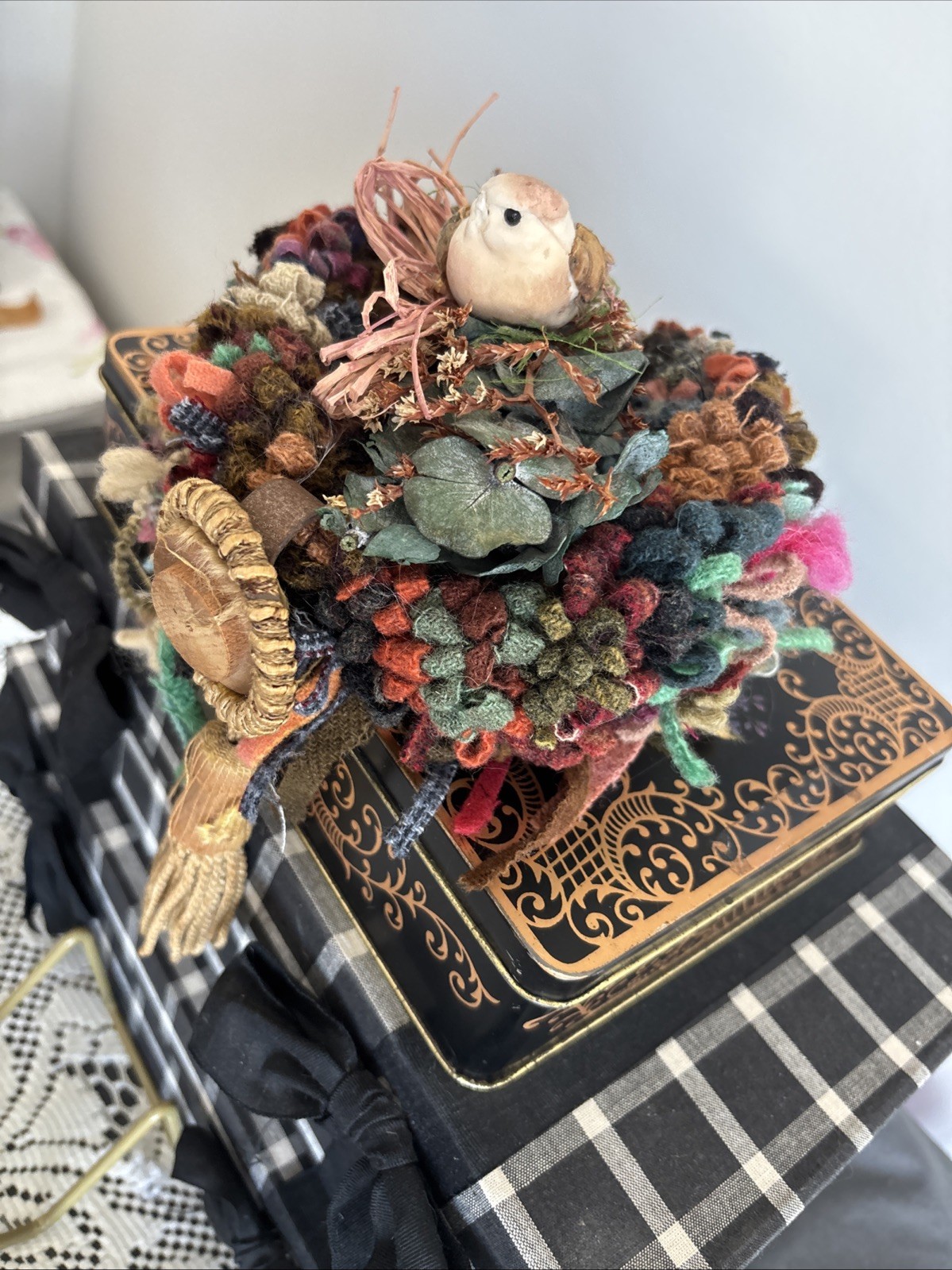 Artisan Hand Needle Punched Wool Messy Nest W/Miniature Bird W/VTG ...
