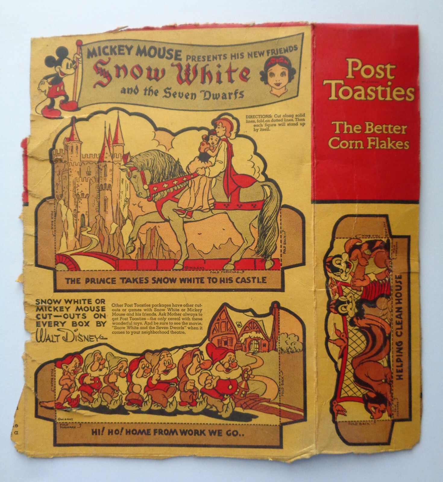 POST TOASTIES 1938 Cearal Box MICKEY MOUSE Presents Disney SNOW WHITE ...