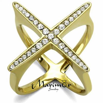 14k Gold Ion Plated Stainless Steel X Shaped Crystal Fashion Ring ...