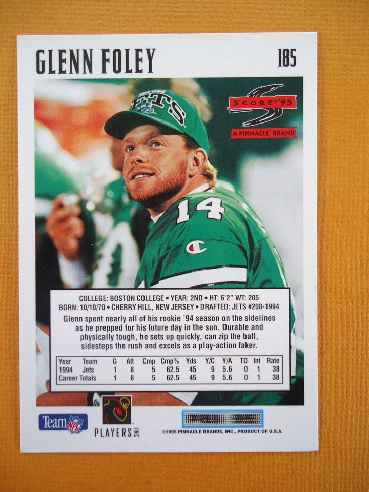 Glenn Foley - 1995 Score Autographed Football card #185 - N.Y. Jets ...