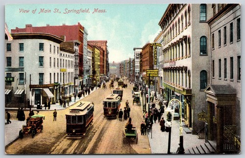 Postcard View of Main St, Springfield MA trolley cars H28 | eBay