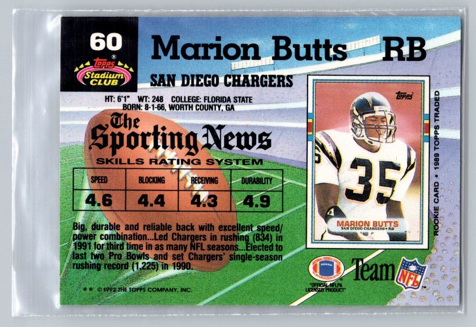 1992 TOPPS STADIUM CLUB CARD # 60 Marion Butts - San Diego Chargers | eBay