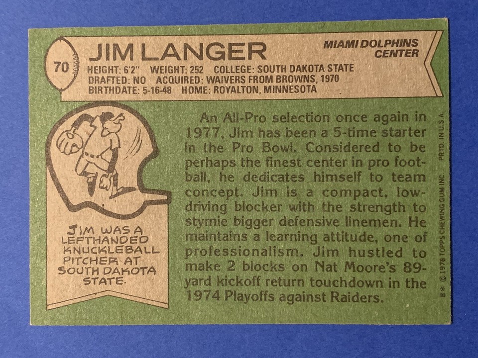 JIM LANGER (Dec) HOF 17-0 Miami Dolphins Signed 1978 Topps #70 ...