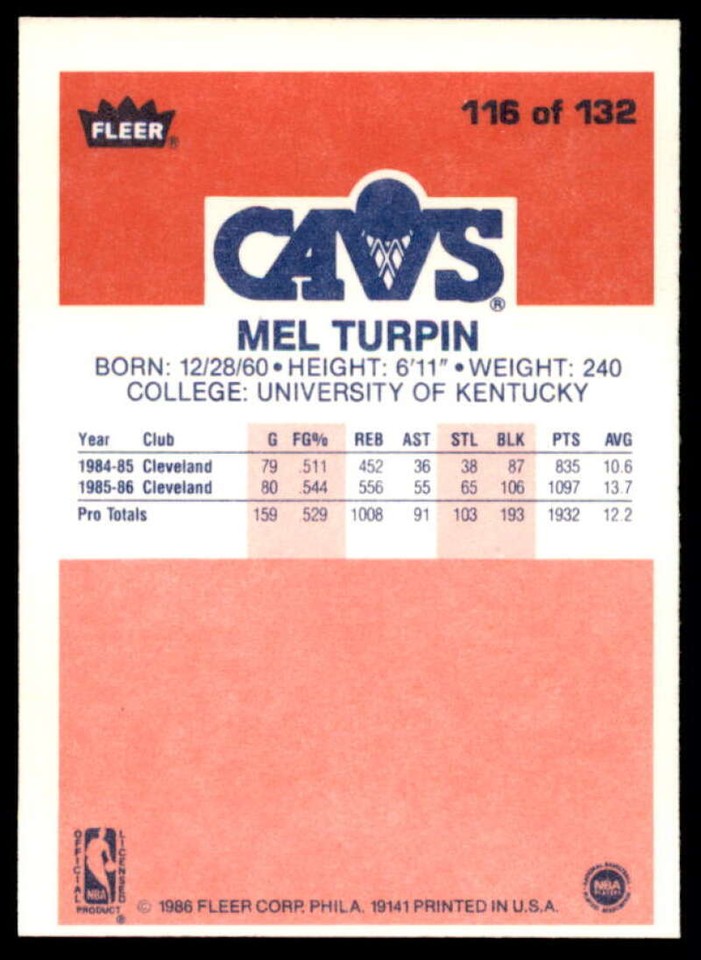 Mel Turpin Card 1986-87 Fleer #116 | eBay