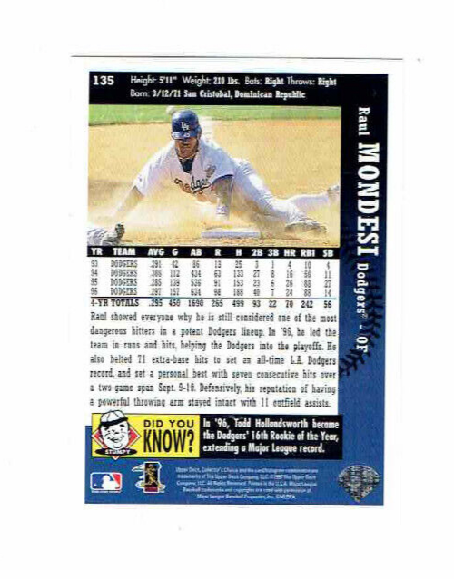 Raul Mondesi Dodgers OF #135 Upper Deck 1997 Baseball Card | eBay