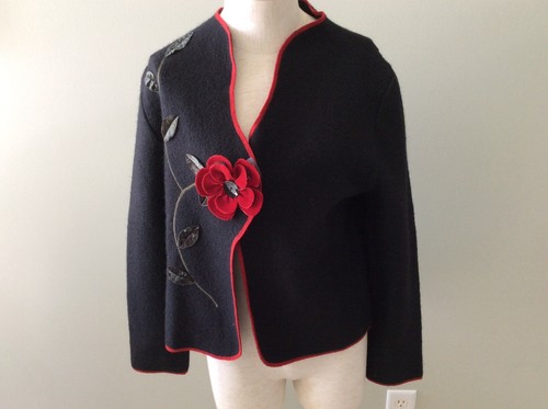 South Wool Pure Jacket Black Red Trim Coat Rose Flower Stem S Small | eBay