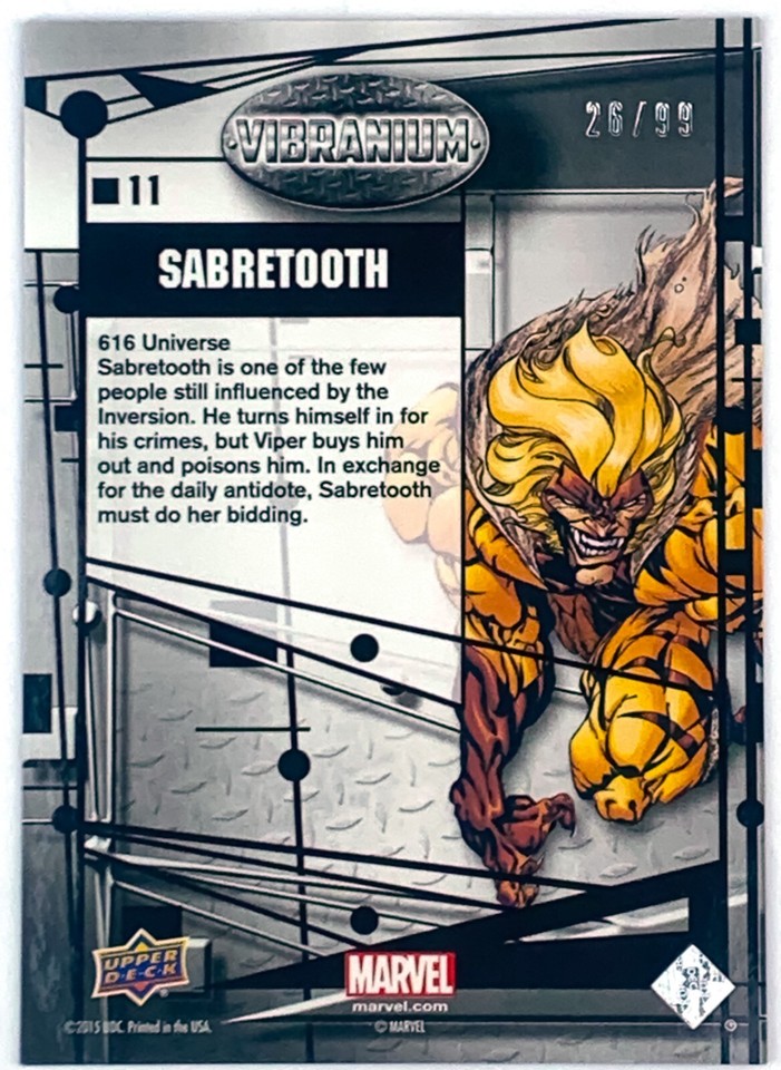2015 UD Marvel Vibranium Refined Refractor #11 Sabretooth Card 26/99 NM ...