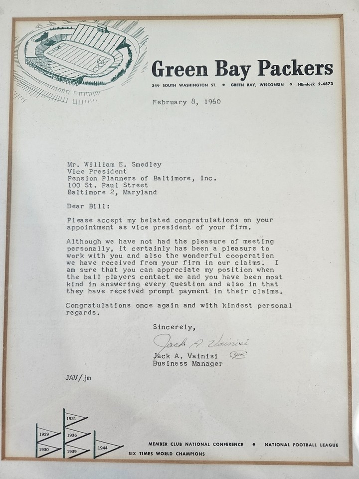 1959 and 1960 NFL Packers Colts letters signed by Jack Vainisi and ...