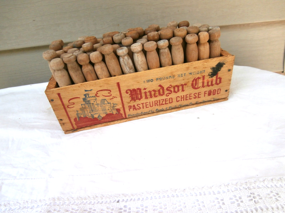Vtg WOOD CLOTHES PINS in Windsor Club Wood CHEESE BOX ~ LAUNDRY ROOM ...