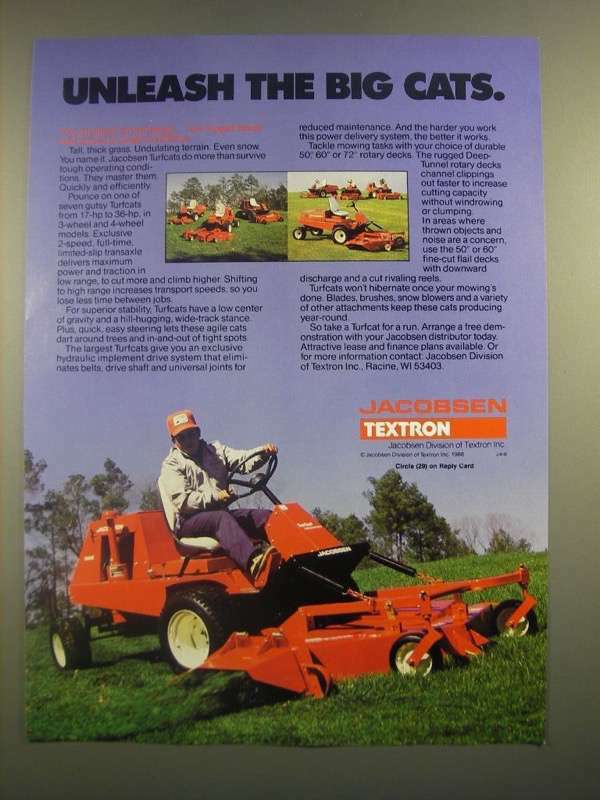 1988 Jacobsen Textron Turfcat Mowers Ad - Unleash the Big Cats | eBay