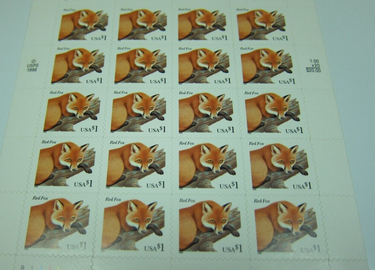 U. S. Postal Service Red Fox Stamp Pane of 20 $1.00 Stamps #3036 Mint ...