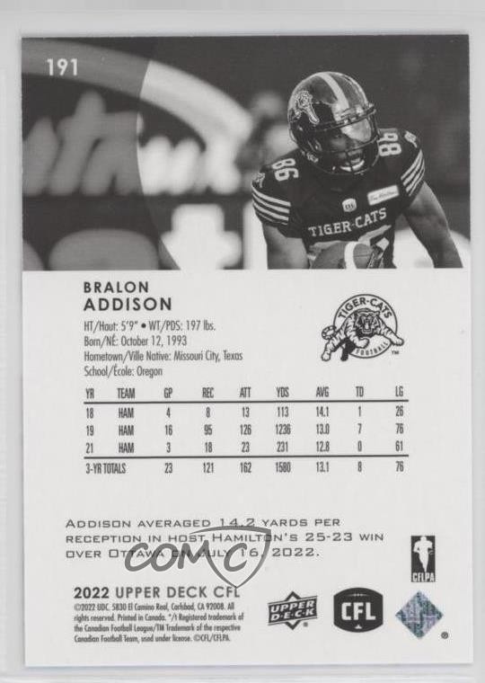 2022 Upper Deck CFL High Gloss /10 Bralon Addison #191 | eBay