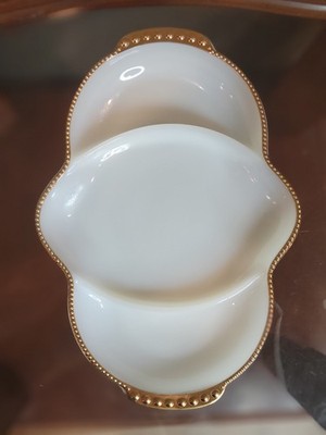 Fireking Fire King Divided Relish Dish Oven Ware Milk Glass White Gold ...
