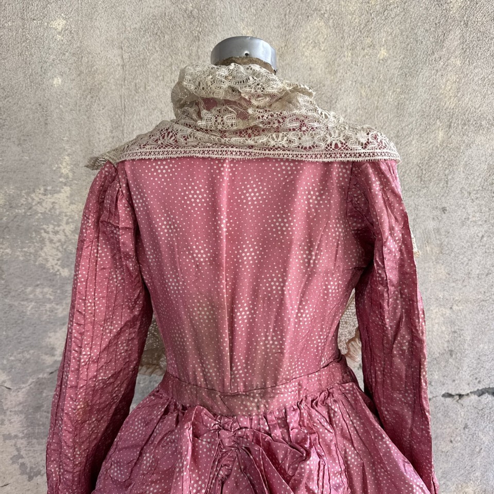 Antique Victorian Pink Silk Dot Print Dress Side Bustle Gown Lace 1880s ...