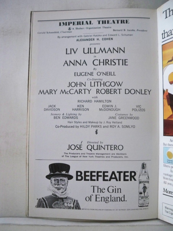 ANNA CHRISTIE Playbill LIV ULLMANN / JOHN LITHGOW / MARY McCARTY NYC ...