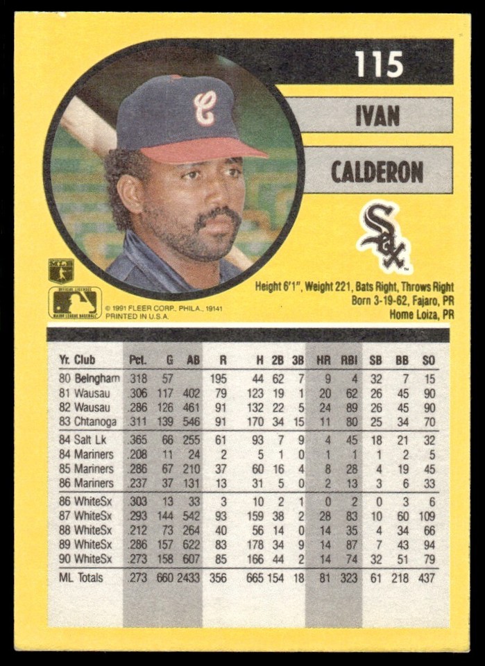 1991 Fleer Baseball Card Ivan Calderon Chicago White Sox #115 | eBay