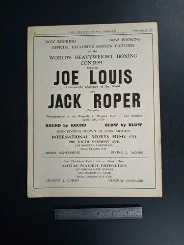 Pac Coast Shoman 1939 Joe Louis Jack Roper Boxing World Heavyweight ...