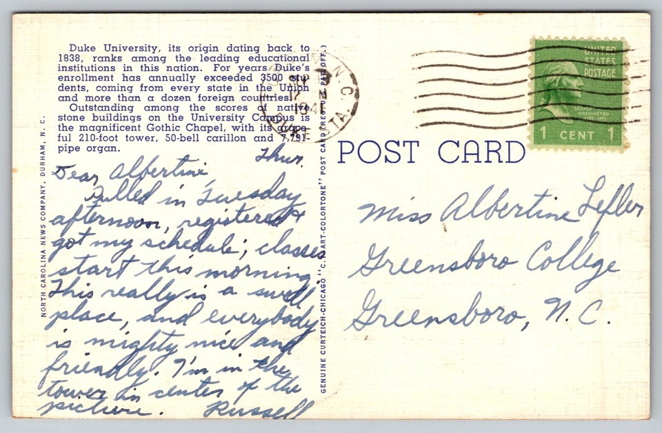Postcard Duke University-Night Scene Over West Campus Durham N.C ...