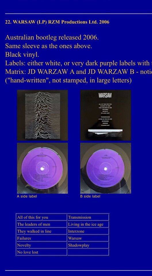 Warsaw, Joy Division, JD, Vinyl Record Album, Purple Label, RZM ...