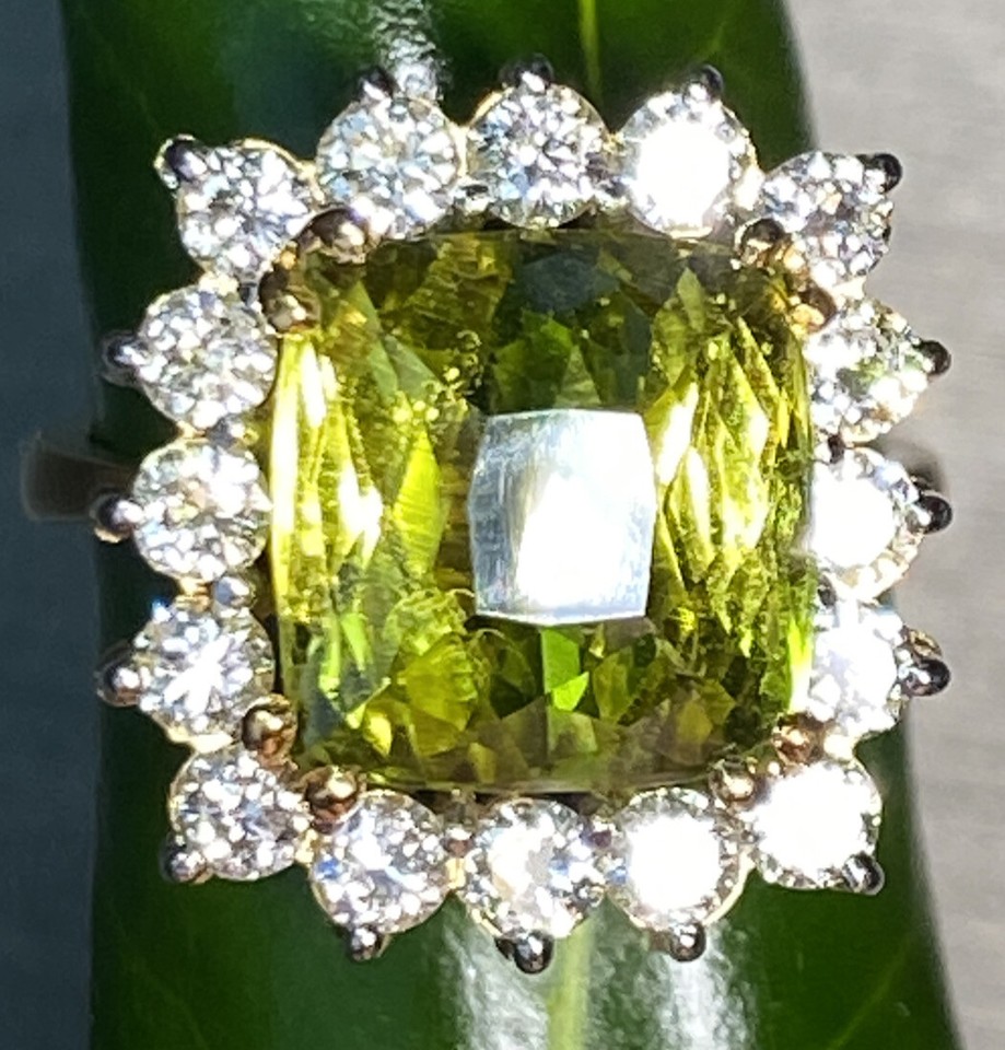 Burle Marx 18K Yellow Gold Cushion Green Chrysoberyl Diamond Halo ...