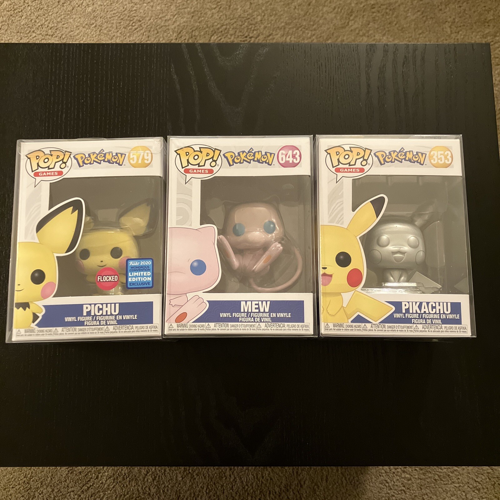 Lot Of 3 Pokemon Funko Pops Flocked Pichu Mew Silver Pikachu - Case ...