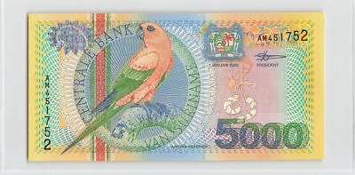 SURINAME 5000 Gulden 2000, P-152, Bird Series, Original UNC Grade. J3 ...