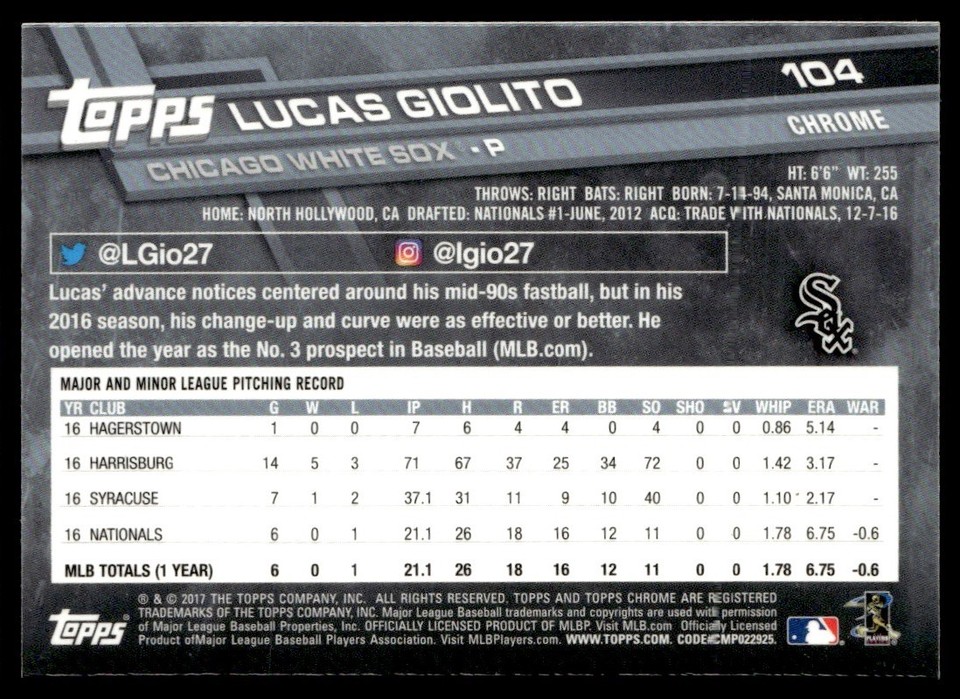 2017 Topps Chrome Lucas Giolito Chicago White Sox #104 | eBay