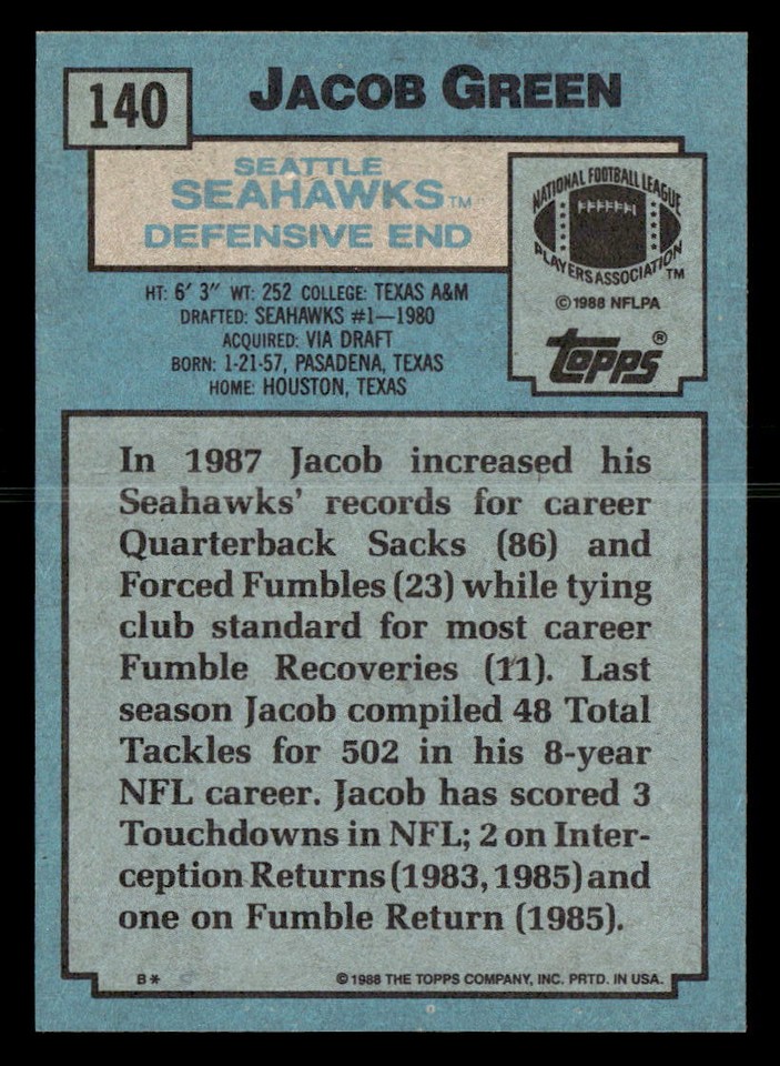 Jacob Green 1988 Topps Card #140 Seattle Seahawks | eBay