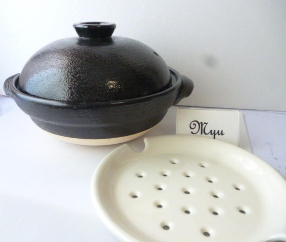 Japanese DONABE Earthen Clay Steam Pot Two Lid Multi-function Black ...