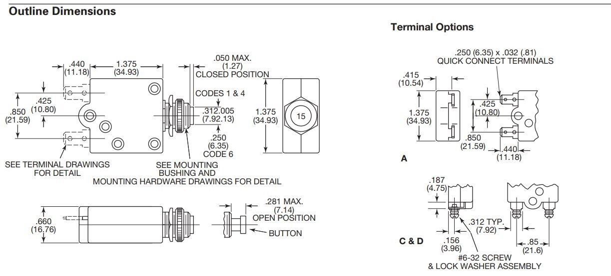 (2pcs) Circuit Breaker Thermal, W58-XB1A4A-10, TE Connectivity, 10A ...