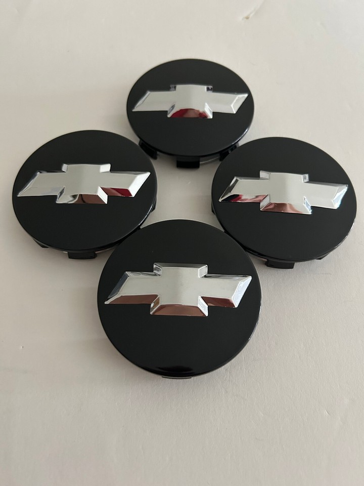 Black Gloss Chevy Wheel Center 4 Caps Chrome Emblem Chevrolet Silverado ...