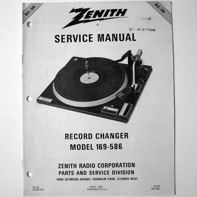 ZENITH ® Model 169-586 Record Changer Service Manual - 1981 - New NOS ...