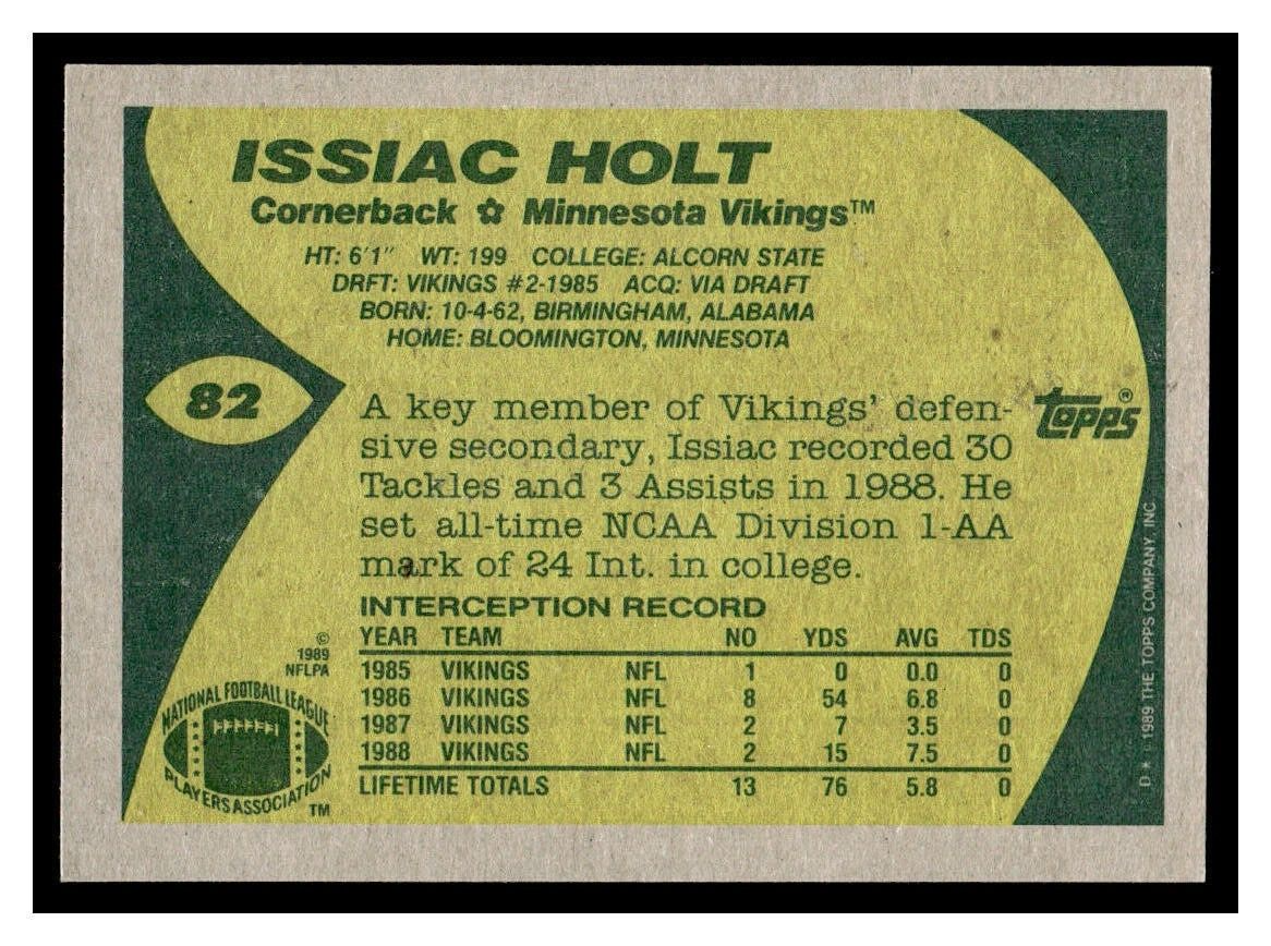 1989 TOPPS - NFL Football Trading Card #82 🏈 ISSIAC HOLT, Minnesota ...
