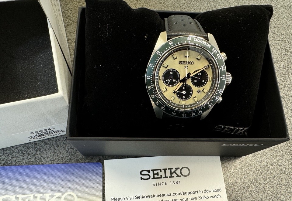 Seiko Prospex Speedtimer Solar Leather Band Cream Dial Watch SSC943 NWT ...
