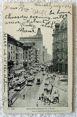1905 POSTCARD TROLLEY RAILROAD TRAINS ON LOWER BROADWAY NEW YORK BUSY ...