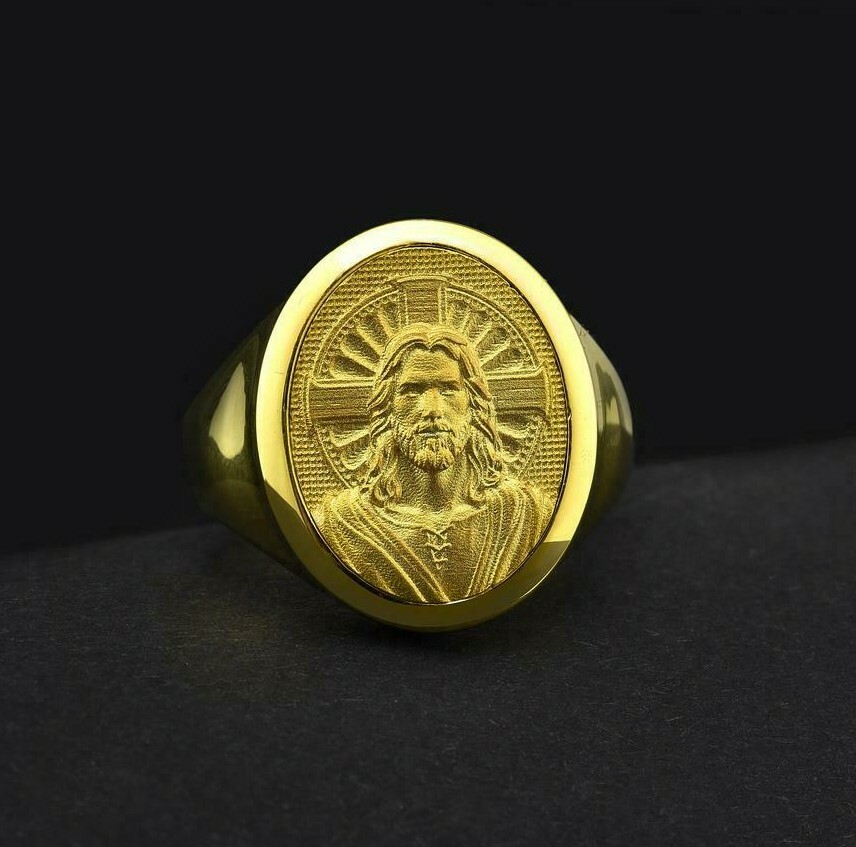Solid Gold 14k 18k Signet Christ Jesus Messiah Christ Relief Men's Ring ...