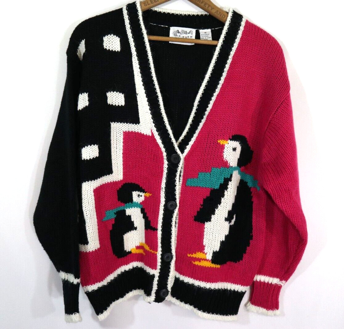 Vintage 80s Helium Intarsia Penguins Graphic Cardigan… - Gem