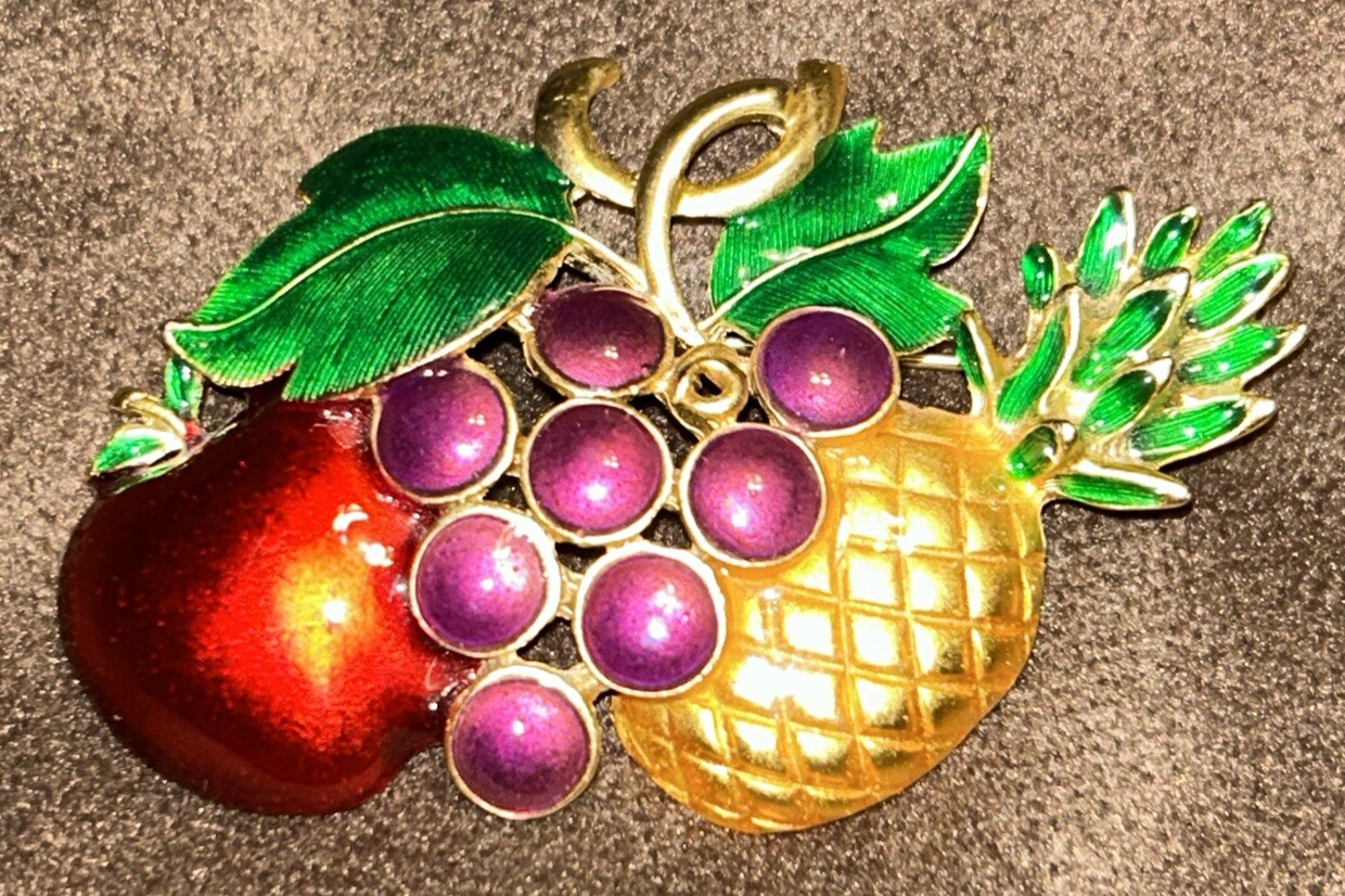 Vintage Enamel Brooch Fruits Apple Grapes Pineapple On Goldtone Back 3 ...