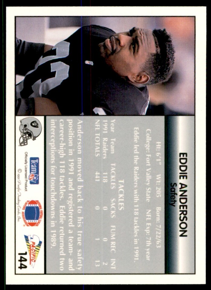 1992 Pacific Eddie Anderson Los Angeles Raiders #144 | eBay